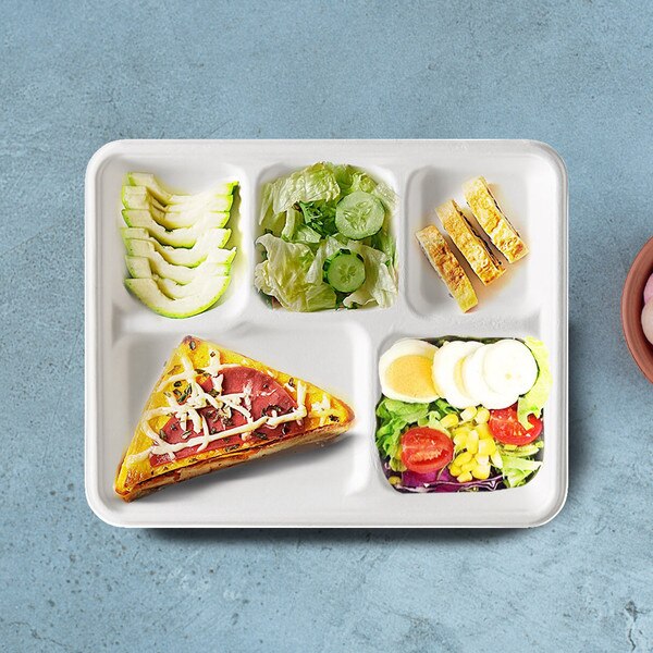 5-Compartment White Bagasse Rectangular Meal Tray - 500/Case | Nantuk